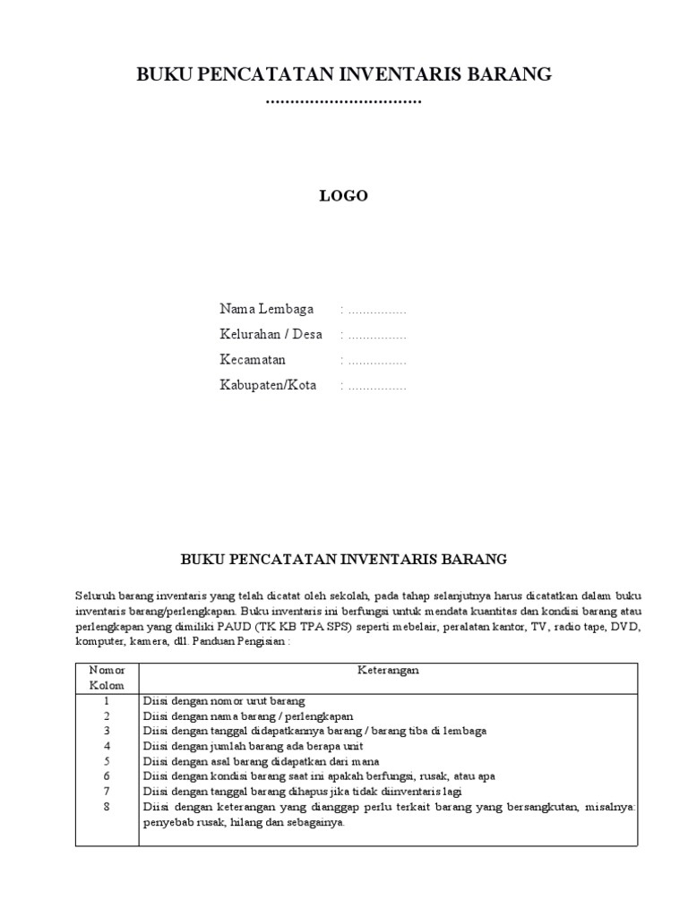 Buku Inventaris Barang Paud Paud | PDF