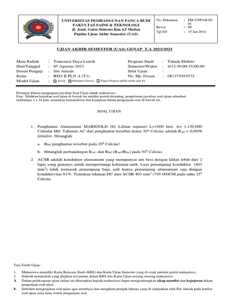 Uas TransmisiDayaListrik REG II PLN A T1 PDF