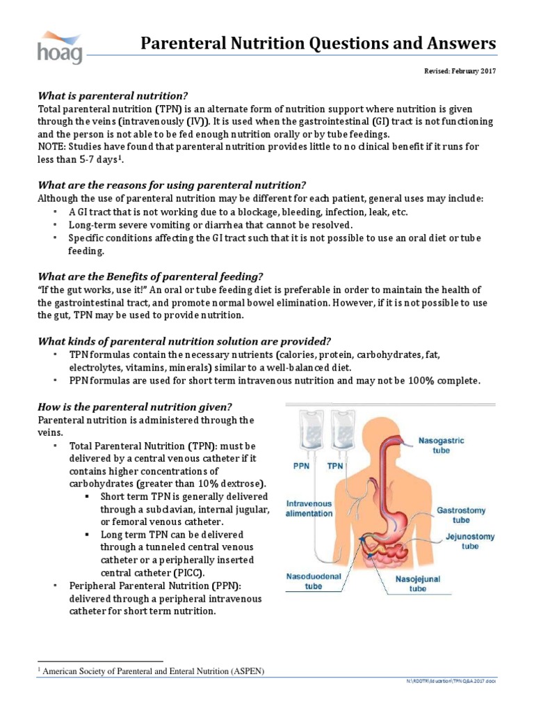 Parenteral Nutrition FAQs and Guidelines | PDF | Intravenous Therapy ...