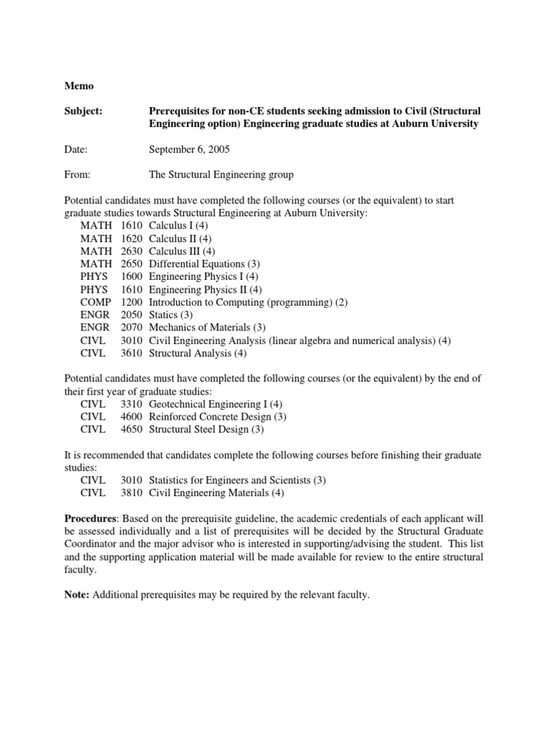 Admission Prerequisites for Auburn Civil Engineering | PDF