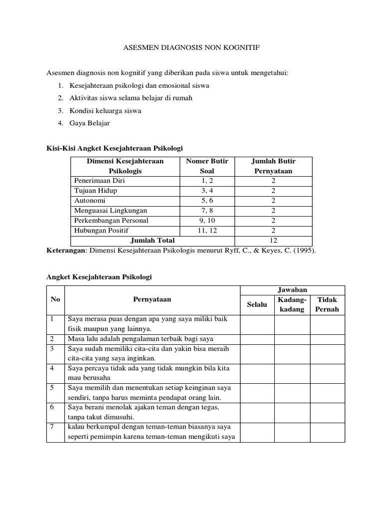 Instrumen Asesmen Diagnosis Non Kognitif | PDF