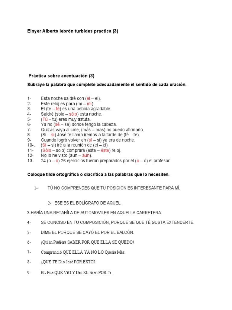 Práctica 3 Acentos Diacrítico y Ortográfico 15ptos. | PDF