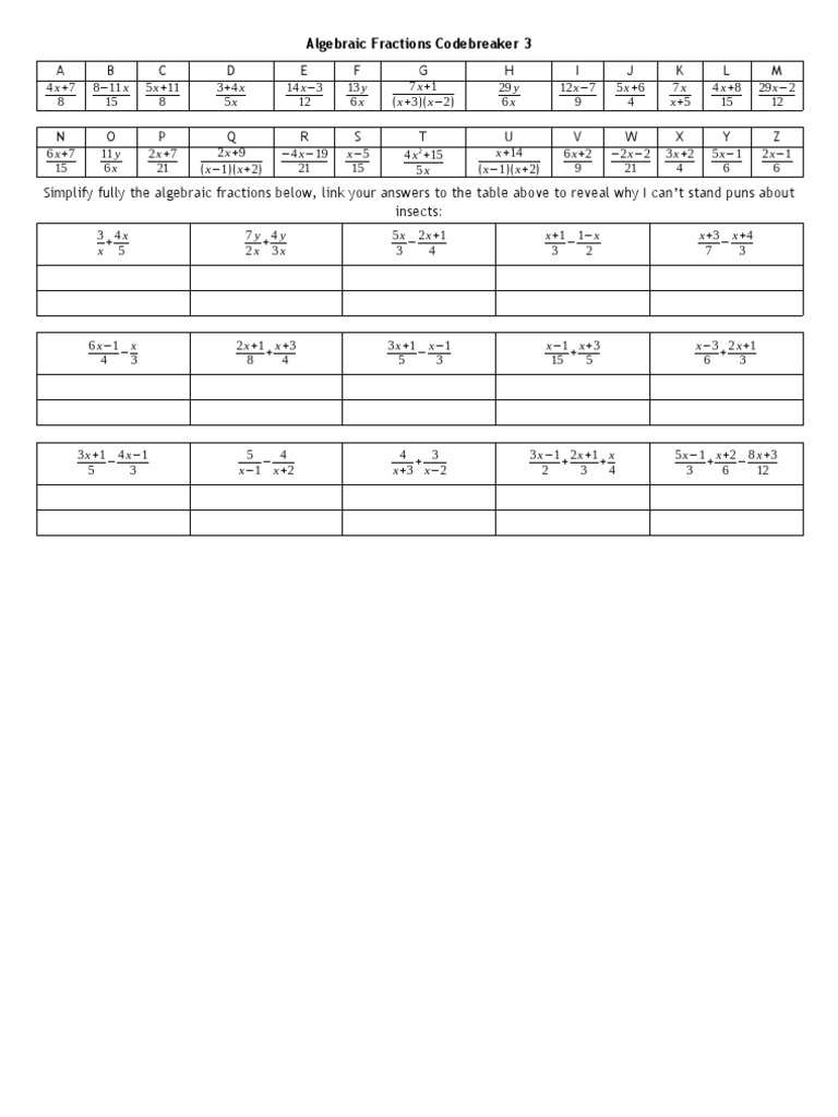 Algebraic Fractions Codebreaker 3 | PDF