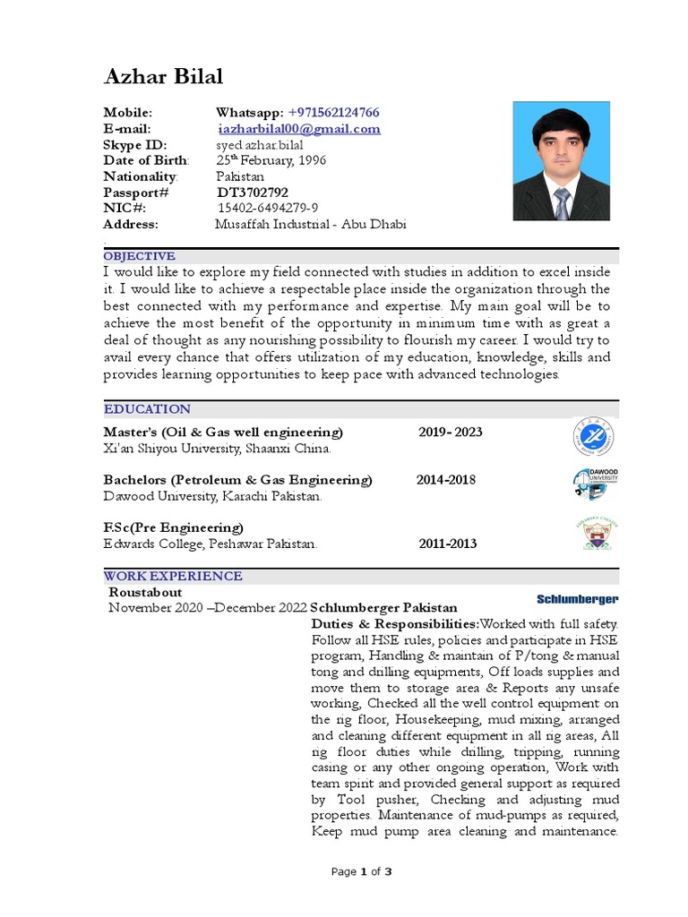 Azhar Bilal, MS - CV | PDF | Drilling Rig | Oil Well