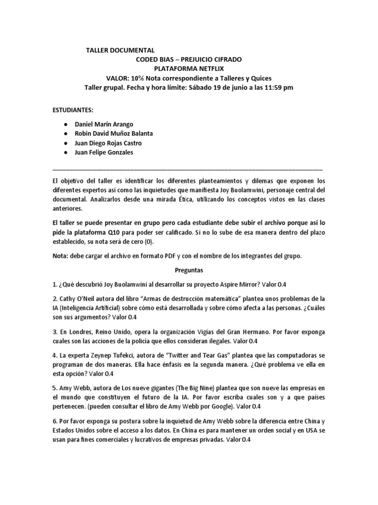 Taller Documental Prejuicio Cifrado | PDF | Inteligencia artificial | Inteligencia (IA) y semántica