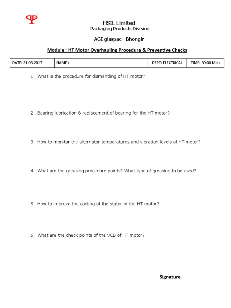HT Motor Overhauling Procedure & Preventive Checks | PDF