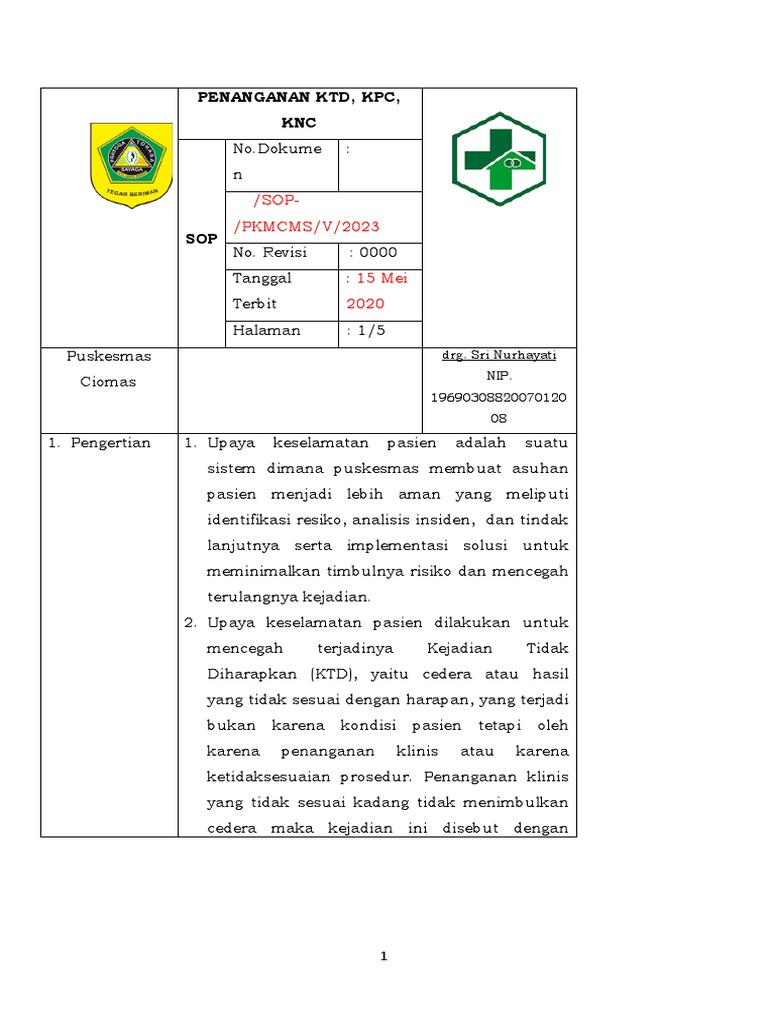 Sop Penanganan KTD, KPC, KNC | PDF