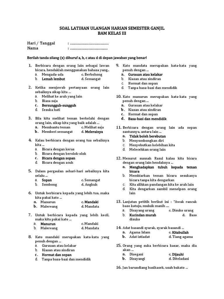 LATIHAN 2 Ujian Semester Ganjil Bam Kelas 3 SD | PDF