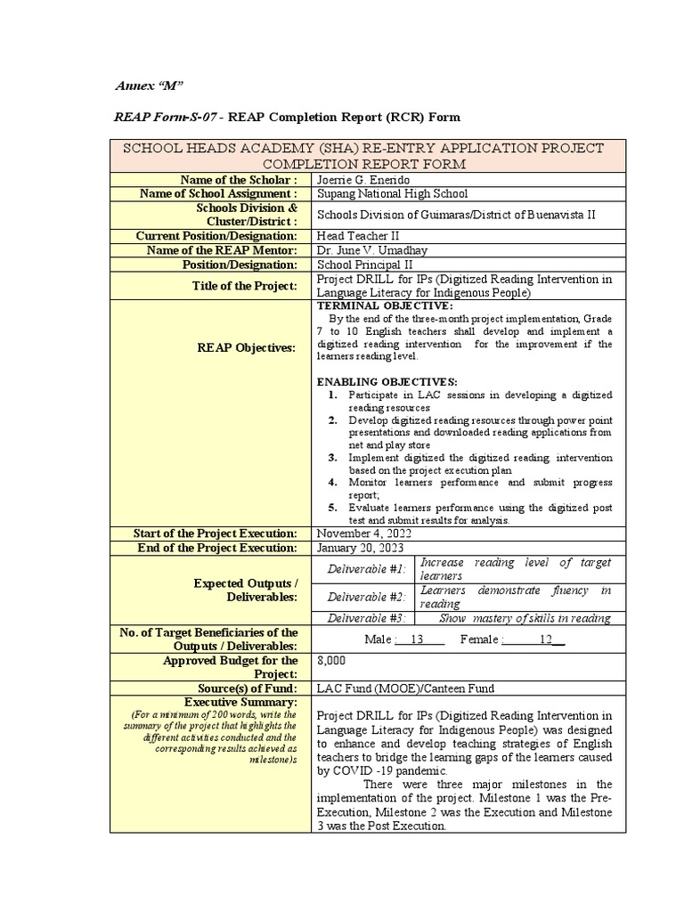 Annex M - REAP Form-S-07-REAP Completion Report Form | PDF | Learning | Teachers