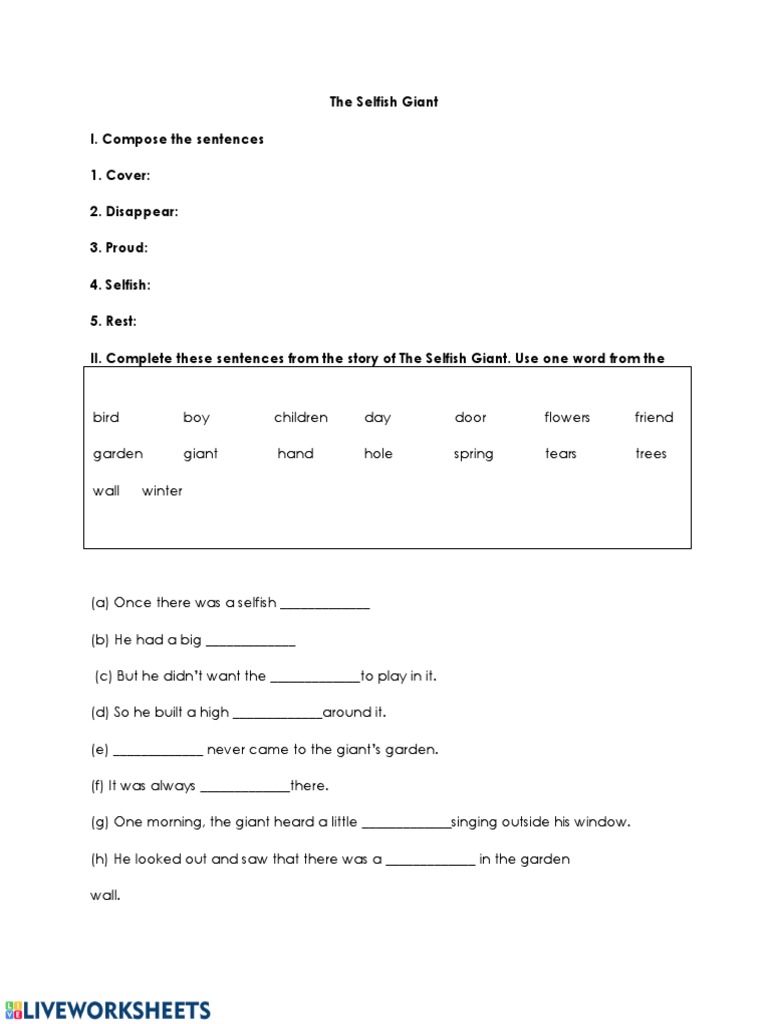 The Selfish Giant Worksheet | PDF