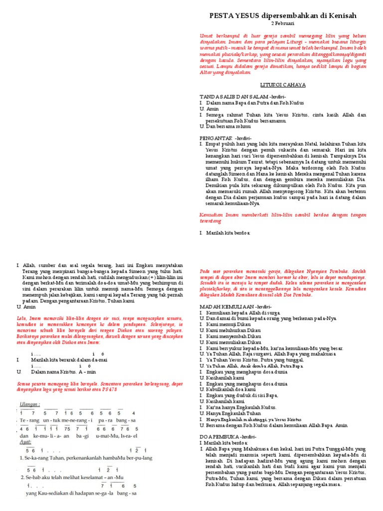 Teks Misa Pesta Yesus Dipersembahkan Di Kenisah - Campur | PDF