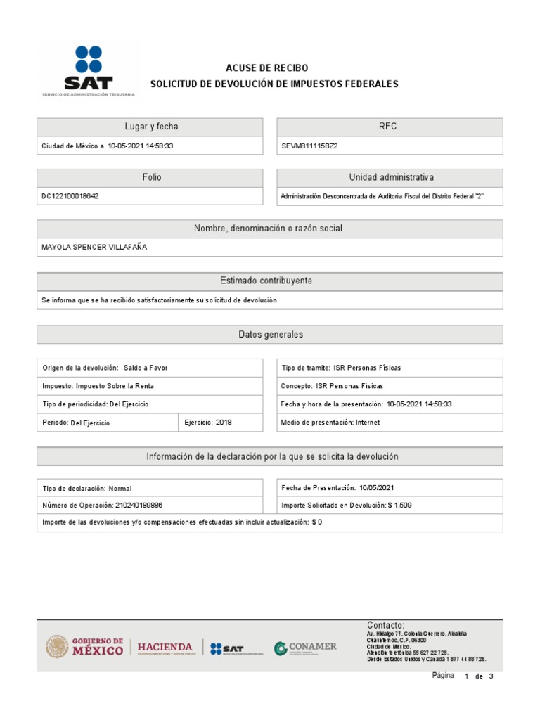 Lugar y Fecha RFC: Solicitud de Devolución de Impuestos Federales Acuse de Recibo | PDF | Gobierno