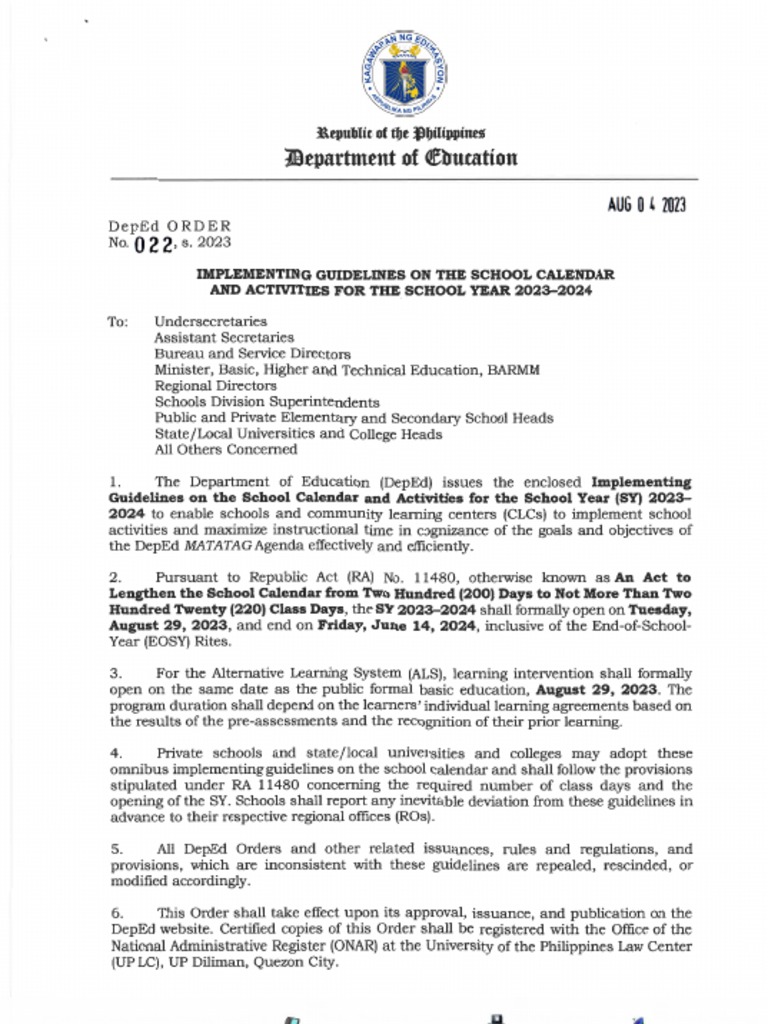 DO - s2023 - 022 DepEd School Calendar 2023-2024 | PDF