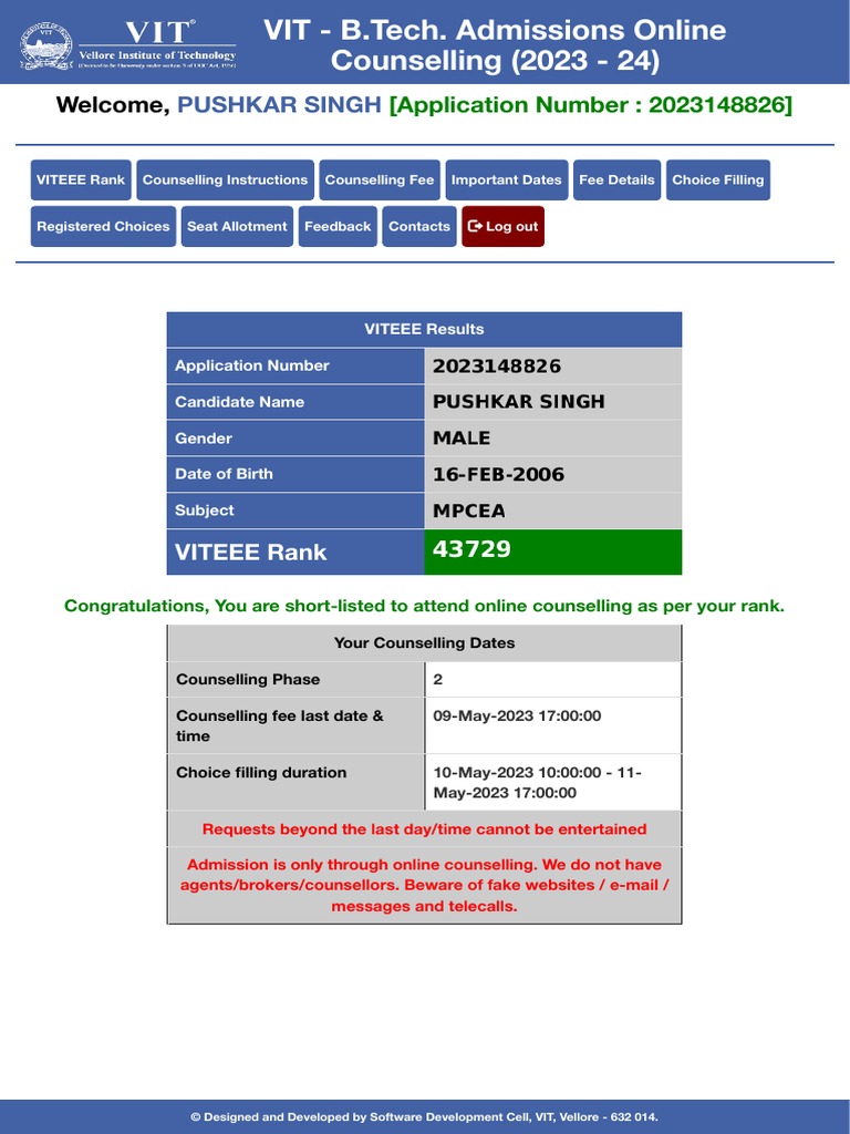 VIT B.Tech - Online Counselling | PDF