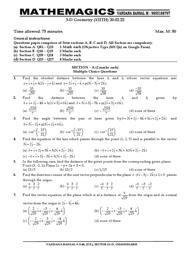 3-D Geometry Test - XII (20.02.22) | PDF