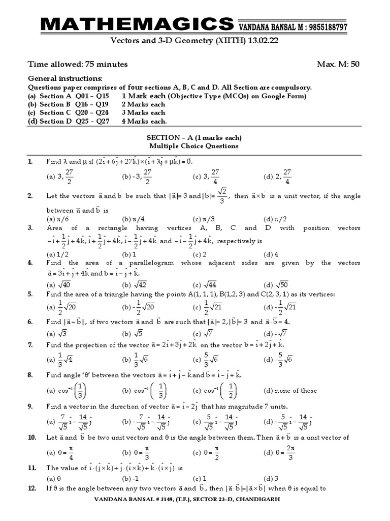 Class 11 Vectors Objective Worksheet | PDF | Euclidean Vector ...