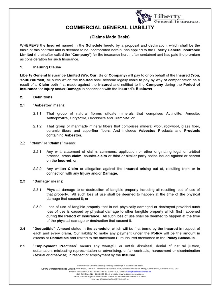 CGL Insurance Policy Wordings Overview | PDF | Liability Insurance ...
