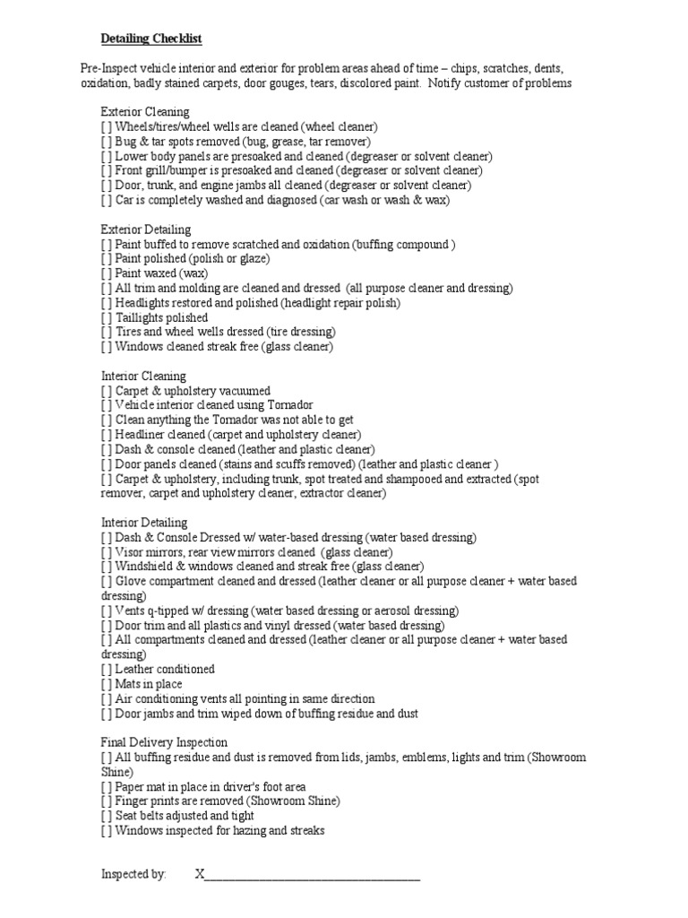 Detailing Checklist | Download Free PDF | Cars Of The United States | Wheel