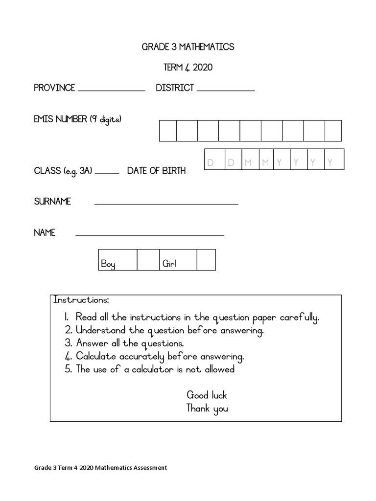 Grade 3 Term 4 Maths Assessment 2020 | PDF | Career & Growth | Teaching ...