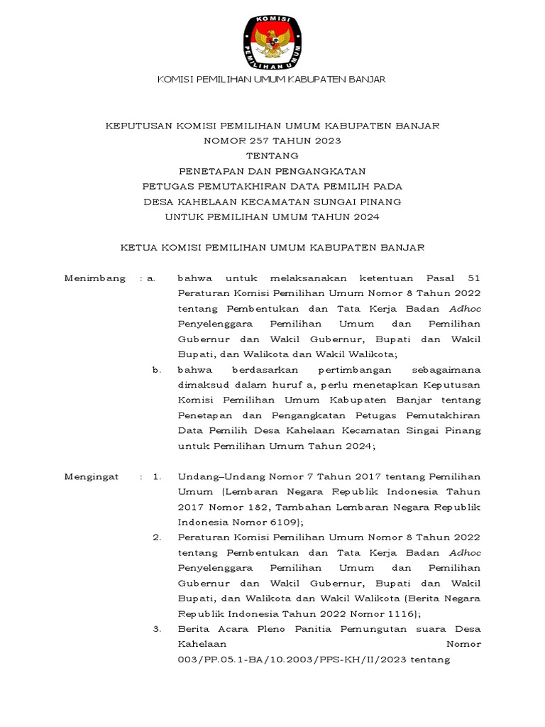 Format SK Pantarlih (Juknis 67) - 1 | PDF