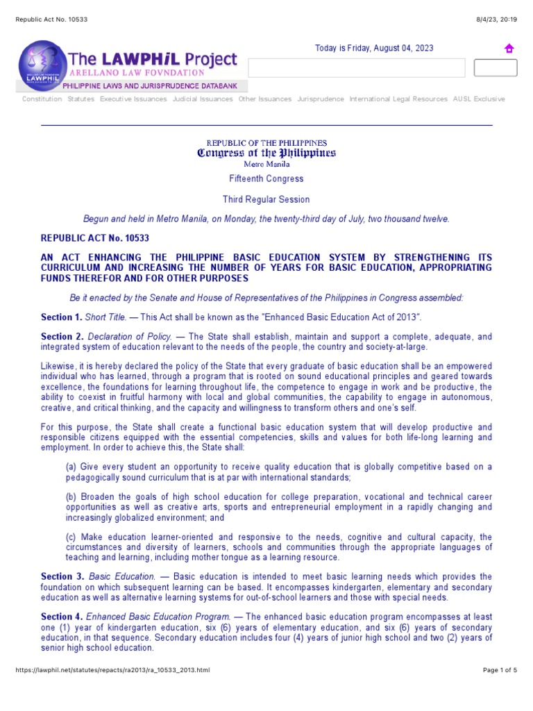 Ra 10533 | PDF | Secondary Education | Curriculum