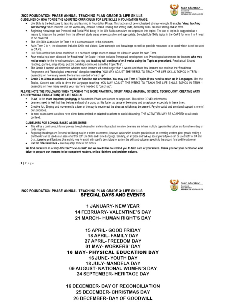 2022 Grade 3 Combined Life Skills Revised Annual Teaching Plans Term 1 ...