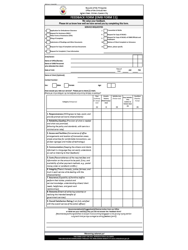 OMB Form 11 - Feedback Form | PDF | Economies | Business