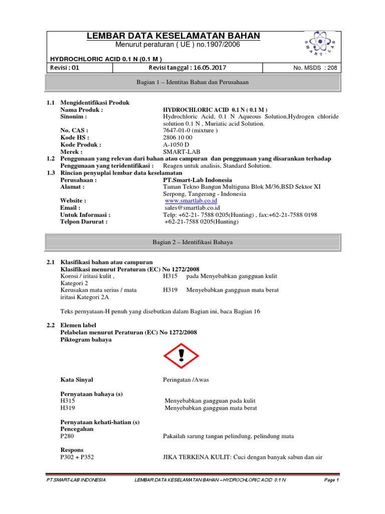 MSDS HCL 0.1 N in Demin | PDF