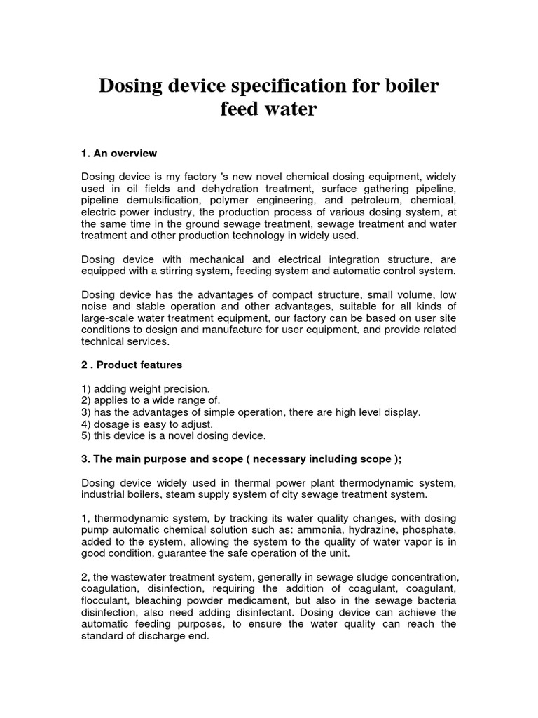 Boiler Feed Water Dosing Device Guide | PDF | Valve | Pump