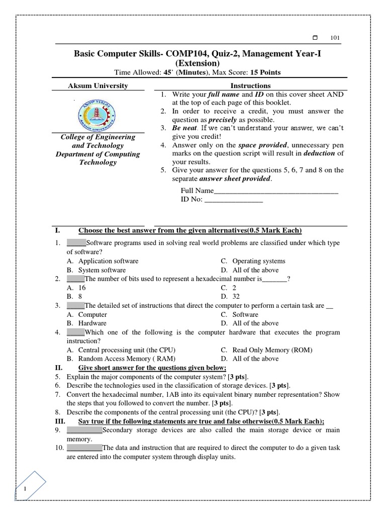 Quiz-1 C++ | PDF | Computer Data Storage | Central Processing Unit