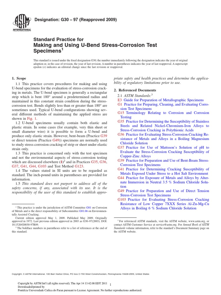 ASTM G30-97 (2009) Standard Practice For Making and Using U-Bend Stress ...