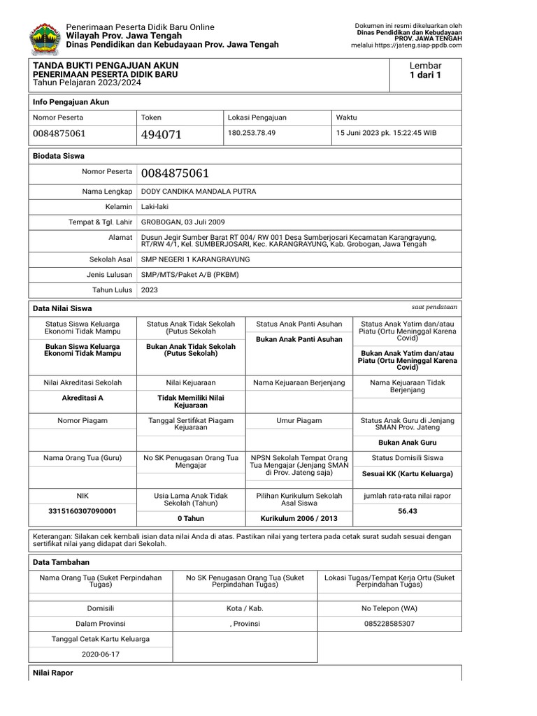 Tanda Bukti Pengajuan Akun - 0084875061 - Dody Candika Mandala Putra | PDF