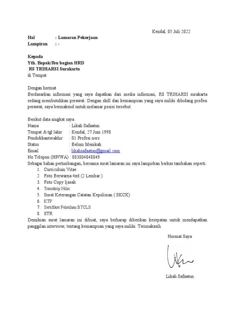 SURAT LAMARAN - RS Pelita Anugrah - LIKAH SAFAATUN-1 | PDF
