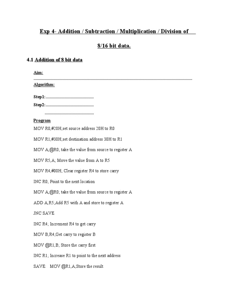 Exp4-Add, Sub, Mul, Div of 8 Bit & 16 Bit | PDF | Computing | Computer ...