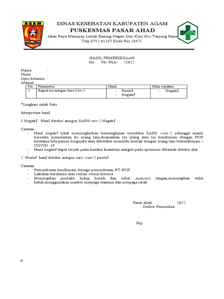 Blangko Hasil Rapid Antigen | PDF