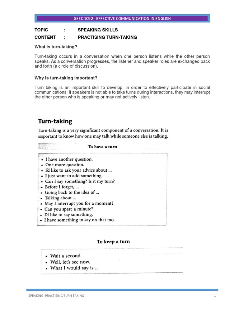 TOPIC2d - Speaking - Practising Turn Taking | PDF