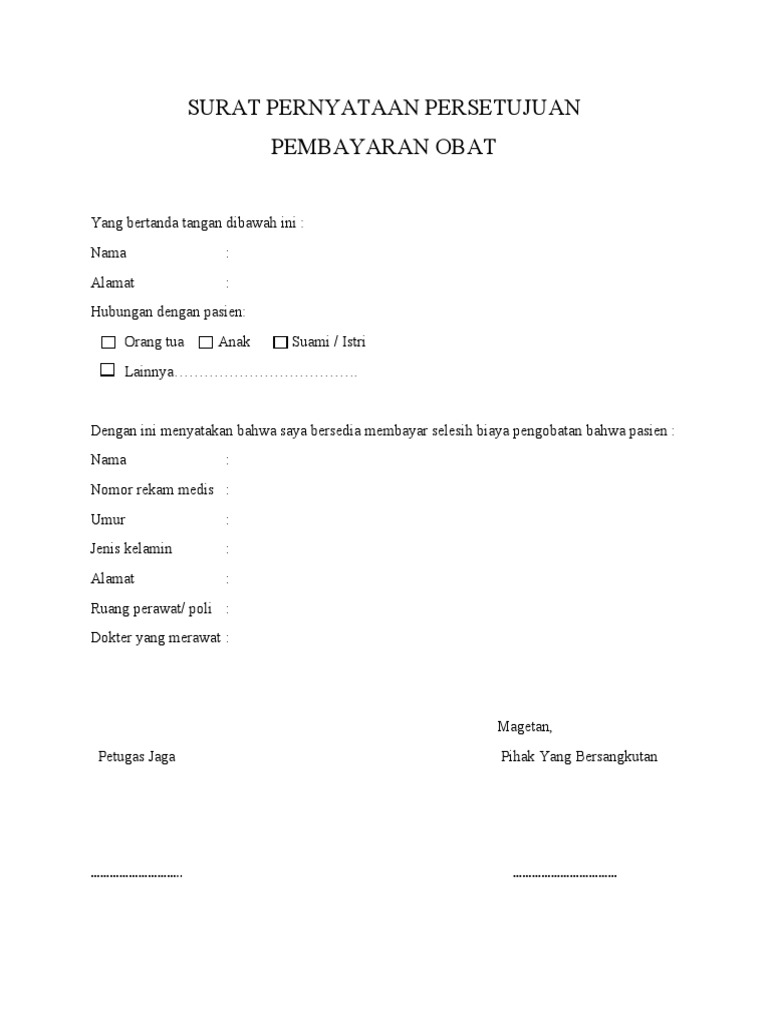 Surat Pernyataan Persetujuan Pembayaran Obat Pdf