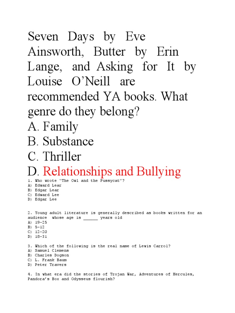 Recommended YA Books and Literature Quiz | PDF | Children's Literature ...