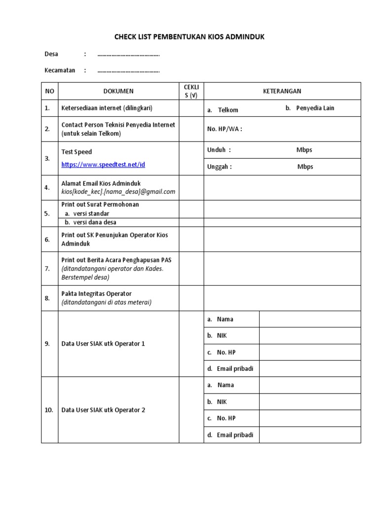 Ceklis Kios Adminduk | PDF