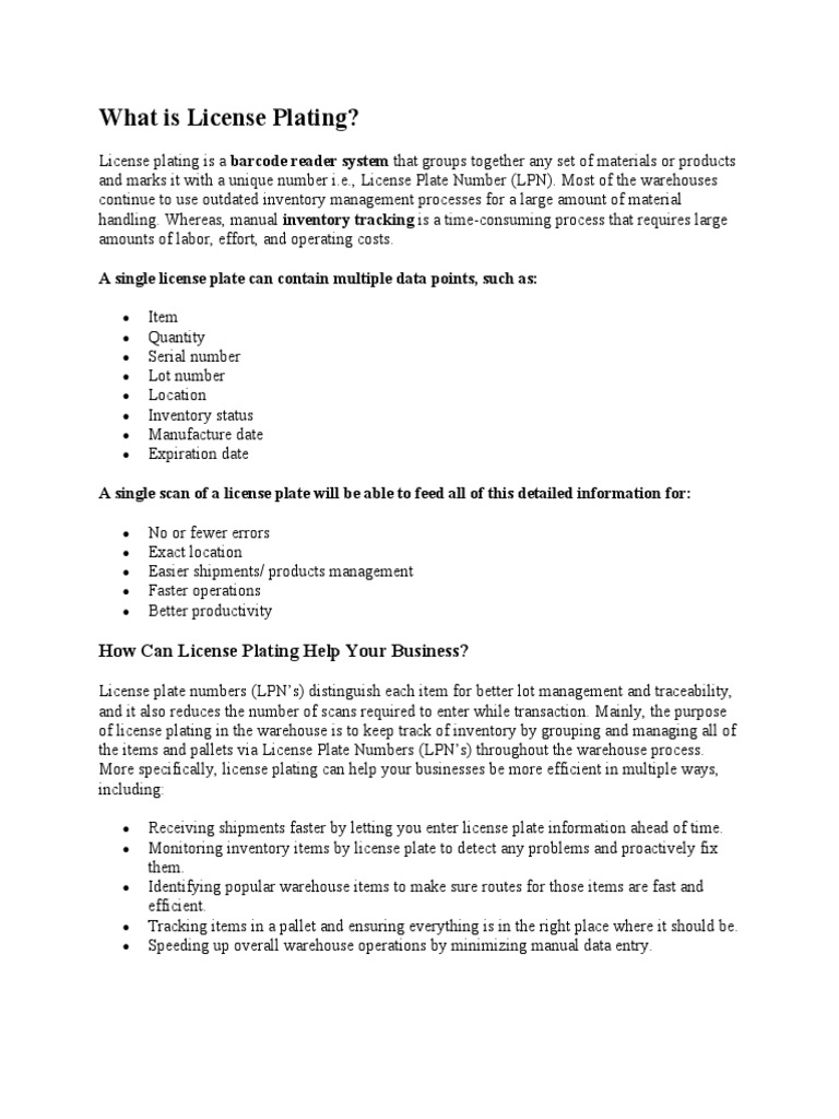 Understanding License Plating in Warehousing | PDF | Pallet | Warehouse