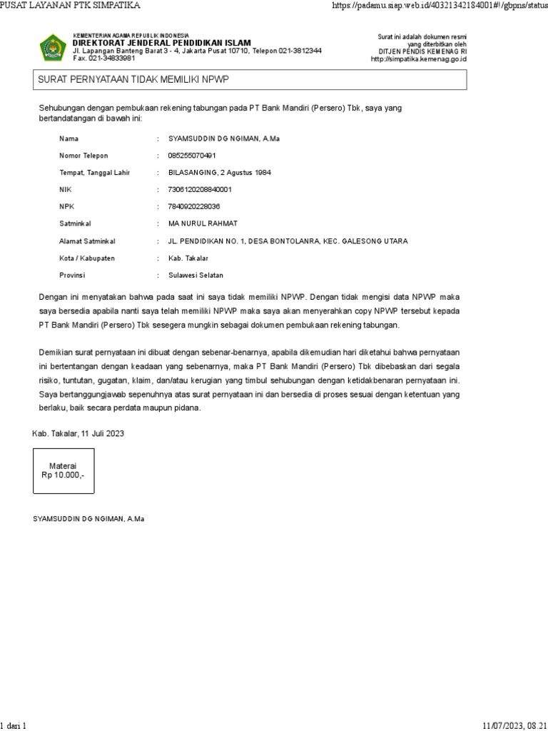 Surat Pernyataan Tidak Memiliki NPWP | PDF