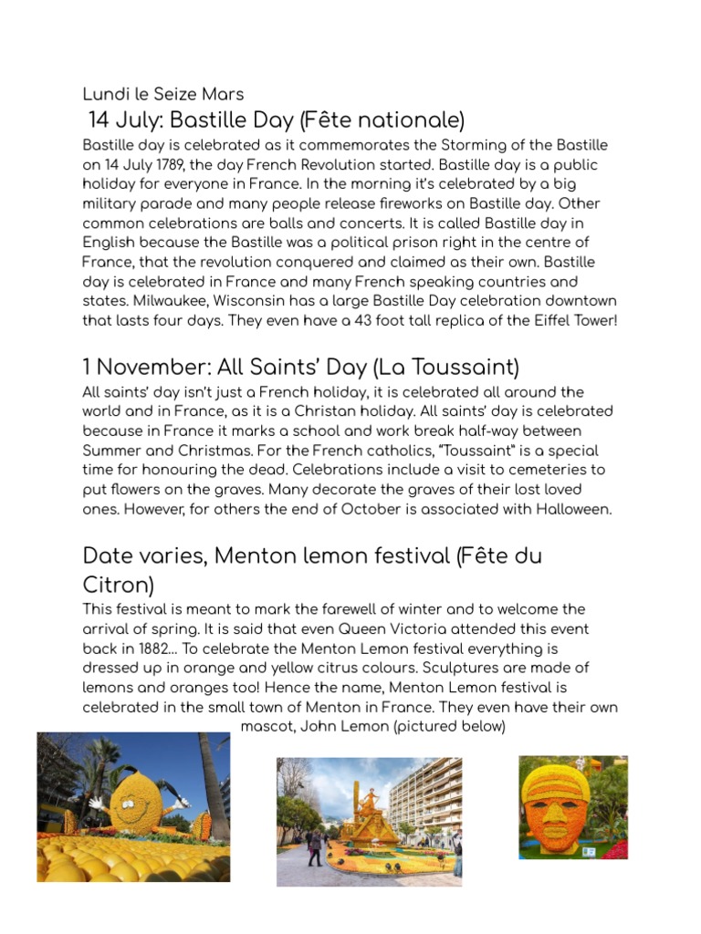 Holidays and Festivals in France Document | PDF