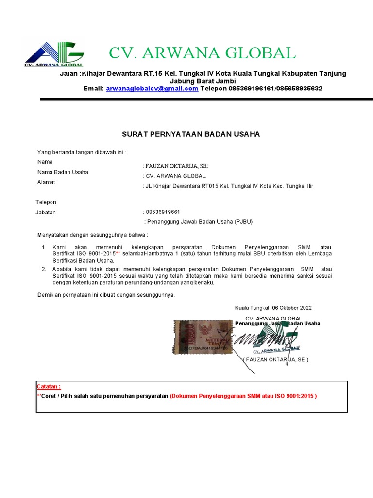 Format Surat Pernyataan SMM - ISO 9001 (Kualifikasi Kecil Dan Menengah ...