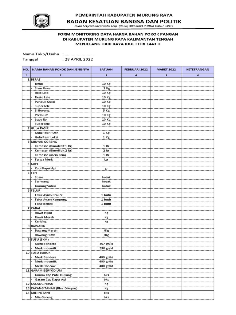 Form Monitoring Harga Bahan Pokok | PDF