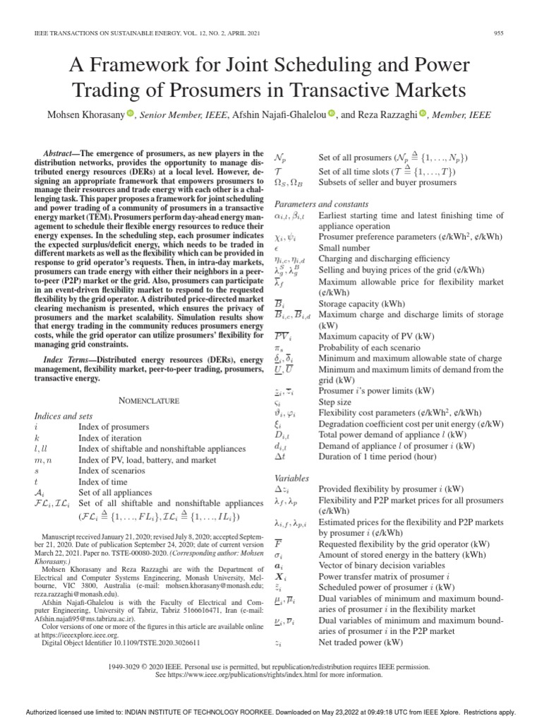 A Framework For Joint Scheduling and Power Trading of Prosumers in Transactive Markets | PDF ...