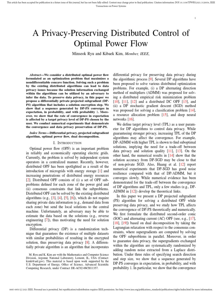 A Privacy-Preserving Distributed Control of Optimal Power Flow | Download Free PDF ...