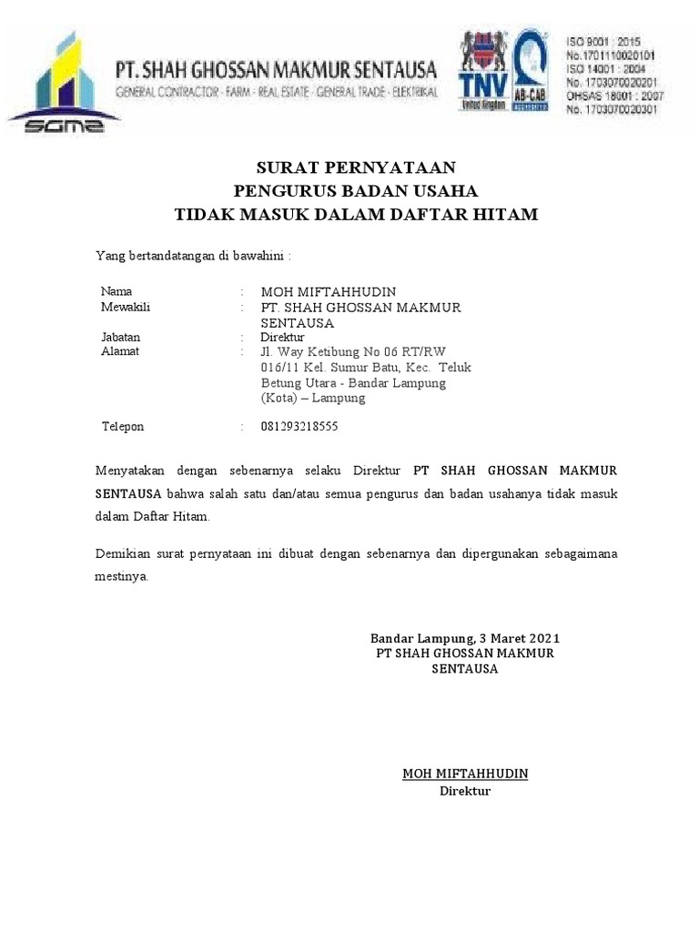 Surat Pernyataan Tidak Masuk Daftar Hitam | PDF