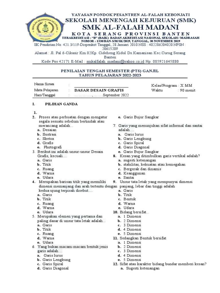 Soal PTS Ganjil 2022 Dasar Dasar Desain Kls X Multi Media | PDF