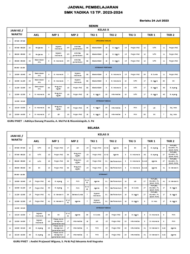 20232024 JADWAL KBM SMK YADIKA 13 KELAS X | PDF