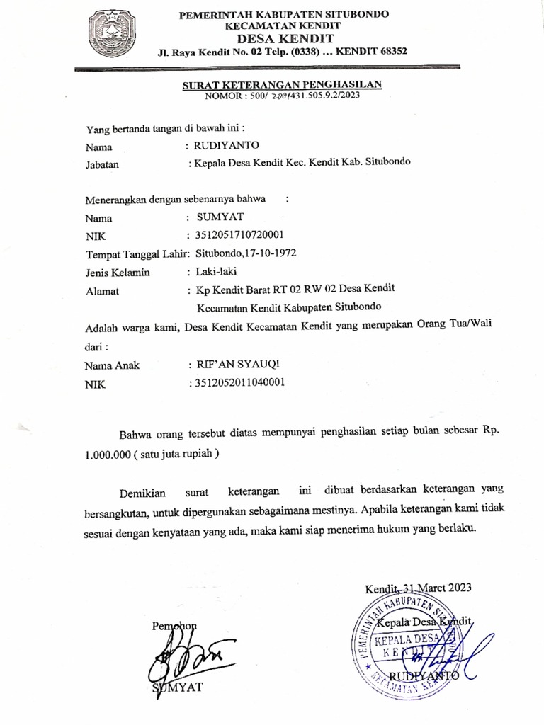 Surat Keterangan Penghasilan Ayah Pdf